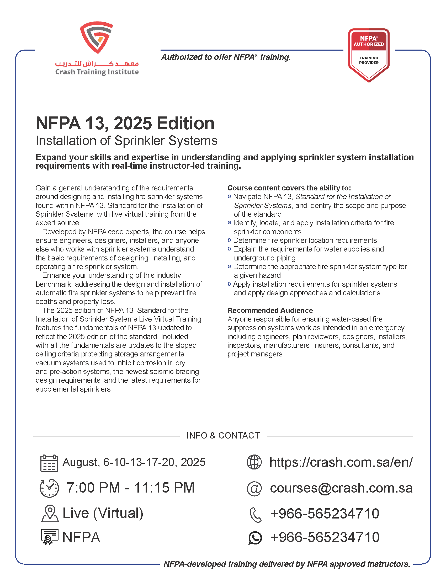 NFPA 13, Standard for the Installation of Sprinkler Systems (edition 2025 ) – crach